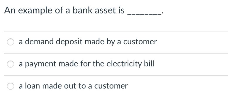 Solved An example of a bank asset is a demand deposit made | Chegg.com
