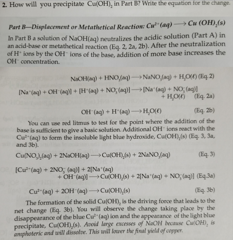Solved 2. How will you precipitate Cu(OH)2 in Part B? | Chegg.com