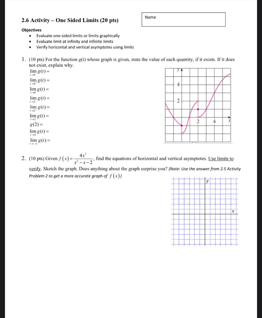 Solved Name 2.6 Activity - One Sided Limits (20 pts) | Chegg.com