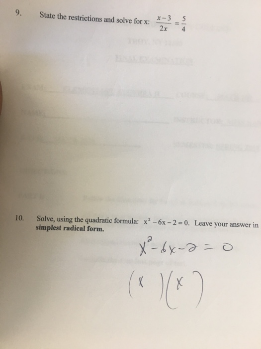 Solved 9. State the restrictions and solve for x: x-3 5 2x 4 | Chegg.com
