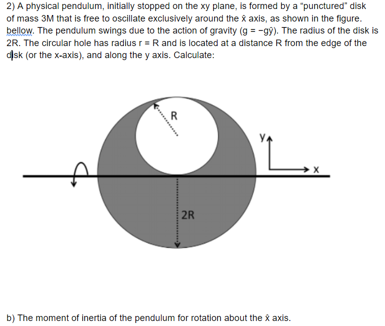 Solved 2) A physical pendulum, initially stopped on the xy | Chegg.com