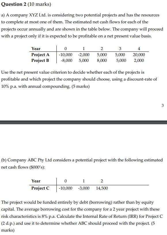 Solved a) A company XYZ Ltd. is considering two potential | Chegg.com