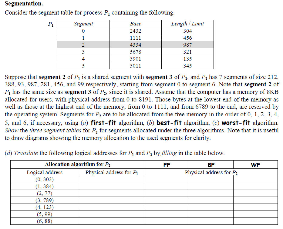 Segmentation. Consider the segment table for process | Chegg.com