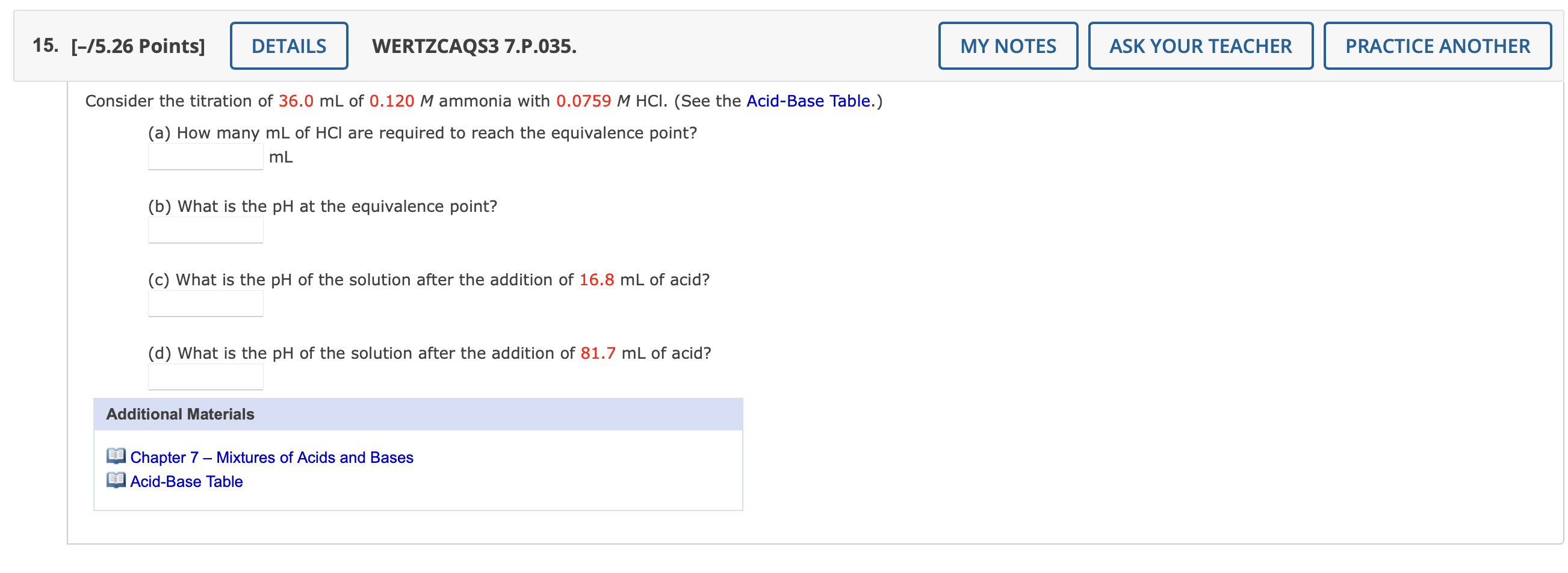 Consider the titration of 36.0 mL of 0.120M ammonia | Chegg.com