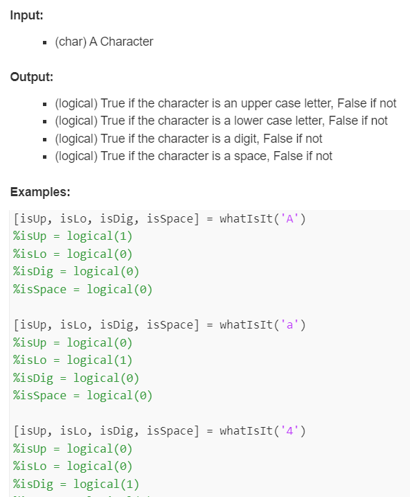 Solved Input: - (char) A Character Output: - (logical) True | Chegg.com