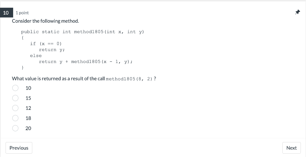 Solved 3 1 point Consider the following static method. What | Chegg.com