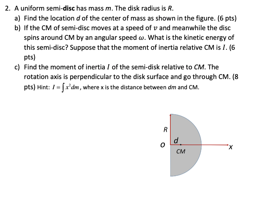 Solved 2. A uniform semi-disc has mass m. The disk radius is | Chegg.com