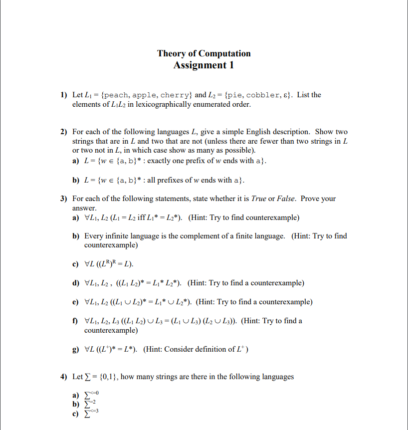 Solved Theory of Computation Assignment l 1) Let Li-peach, | Chegg.com
