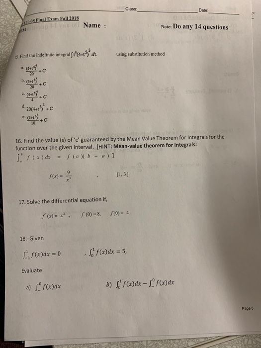 Solved Class Date Name Note Do Any 14 Questions S Find The 1904