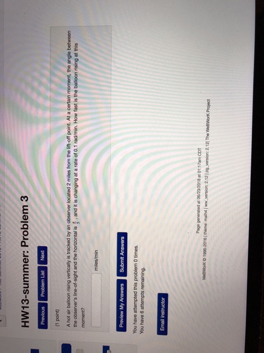 Solved HW13-summer: Problem 3 (1 point) A hot air balloon | Chegg.com