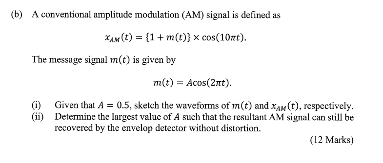 Solved (b) ﻿A conventional amplitude modulation (AM) ﻿signal | Chegg.com