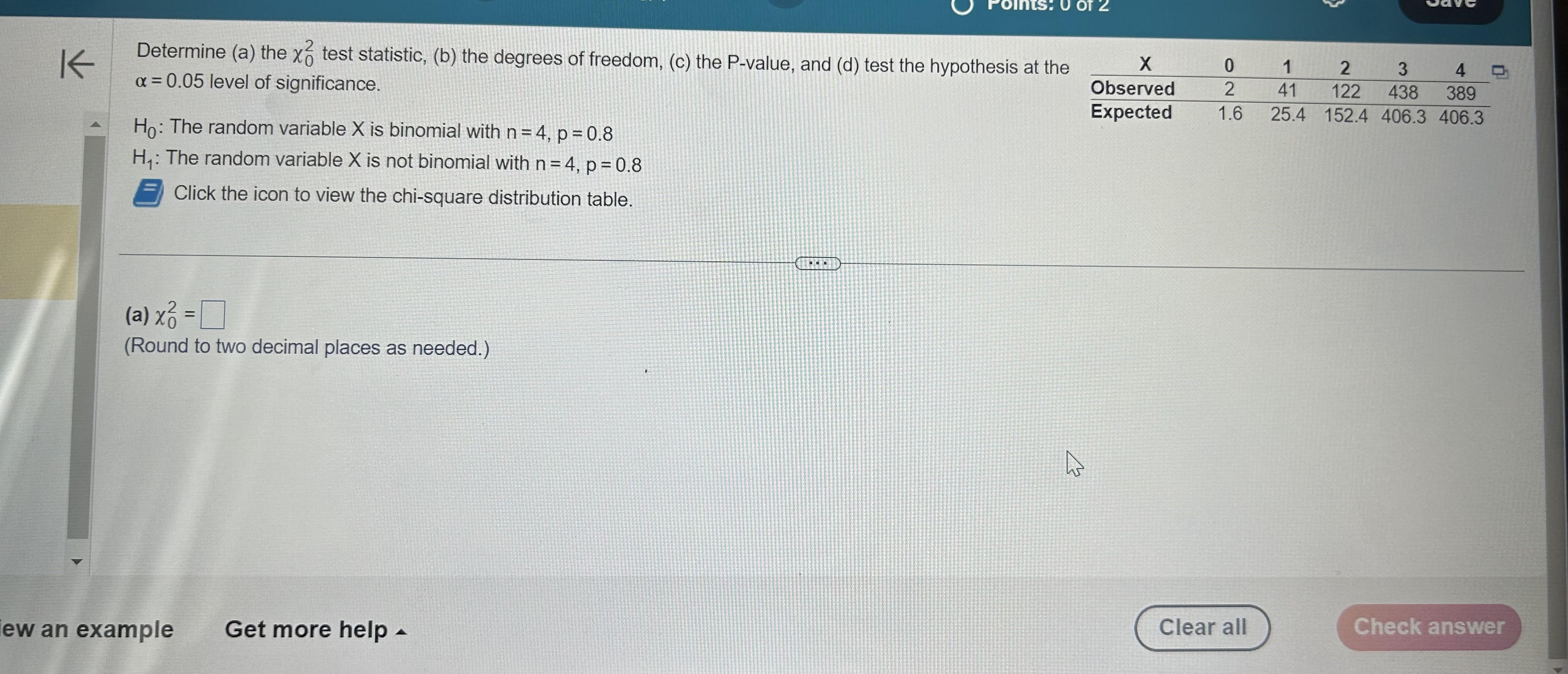 [Solved]: Determine (a) the 02 test statistic, (b) the degr