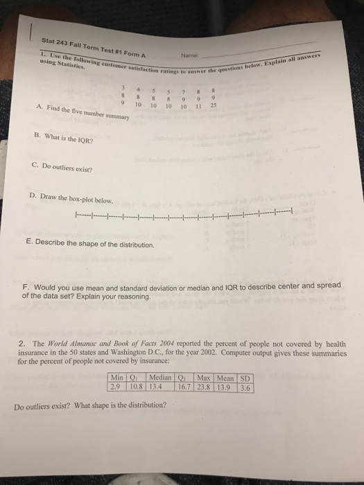 Solved Stat 243 Fall Term Test #1 Form A Name: all answers | Chegg.com