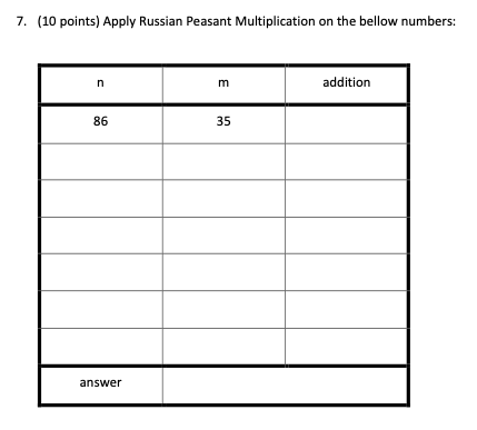 Solved 7. (10 points) Apply Russian Peasant Multiplication | Chegg.com