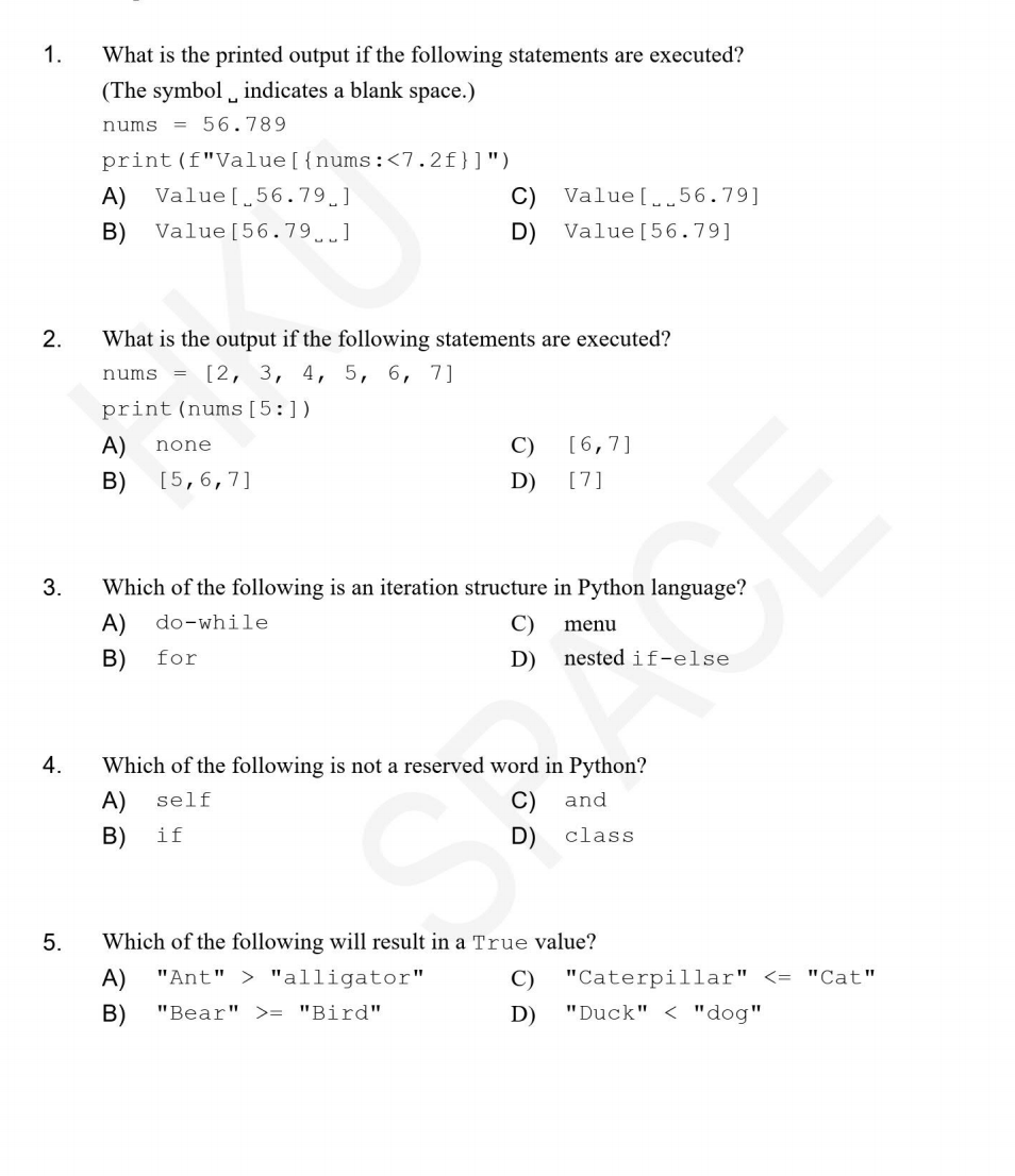 Solved 1. = nums What is the printed output if the following | Chegg.com