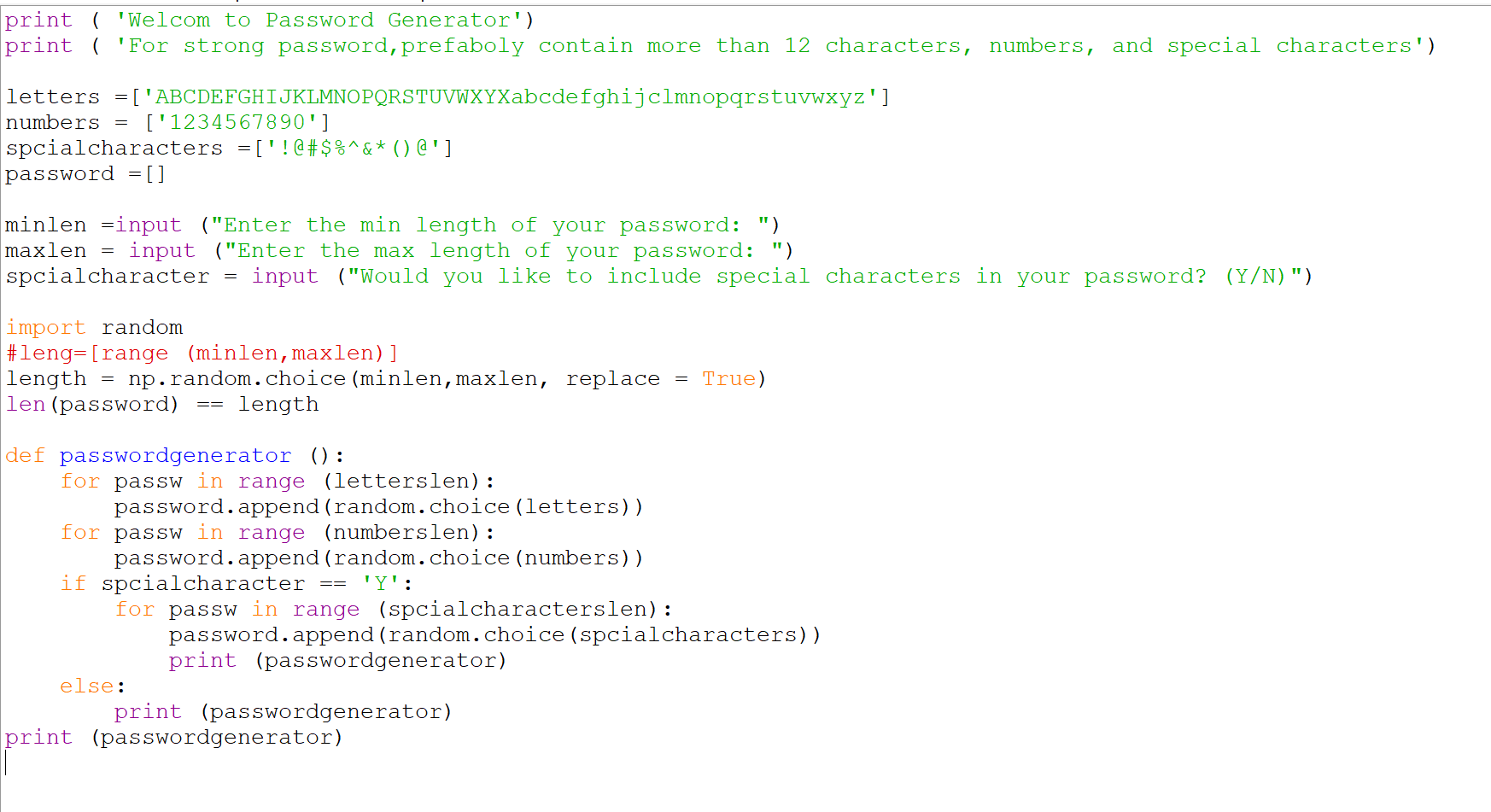 Solved Password Generator Ask the user for a min and max | Chegg.com