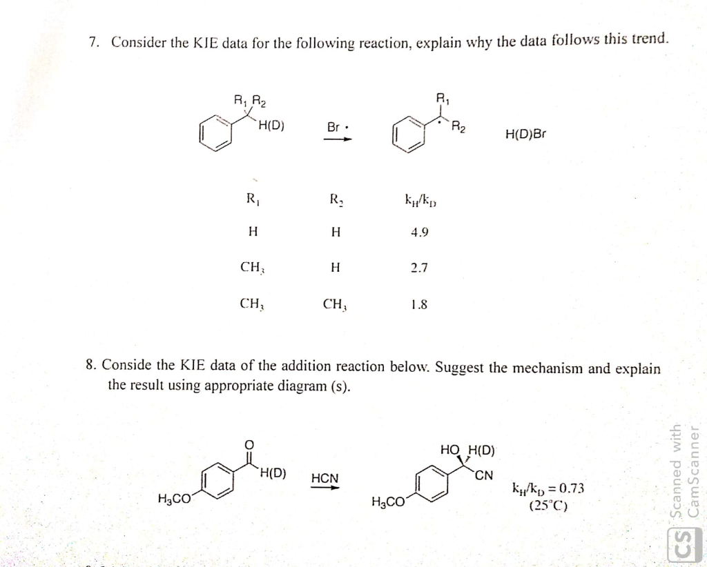 Solved 7. Consider the KIE data for the following reaction, | Chegg.com