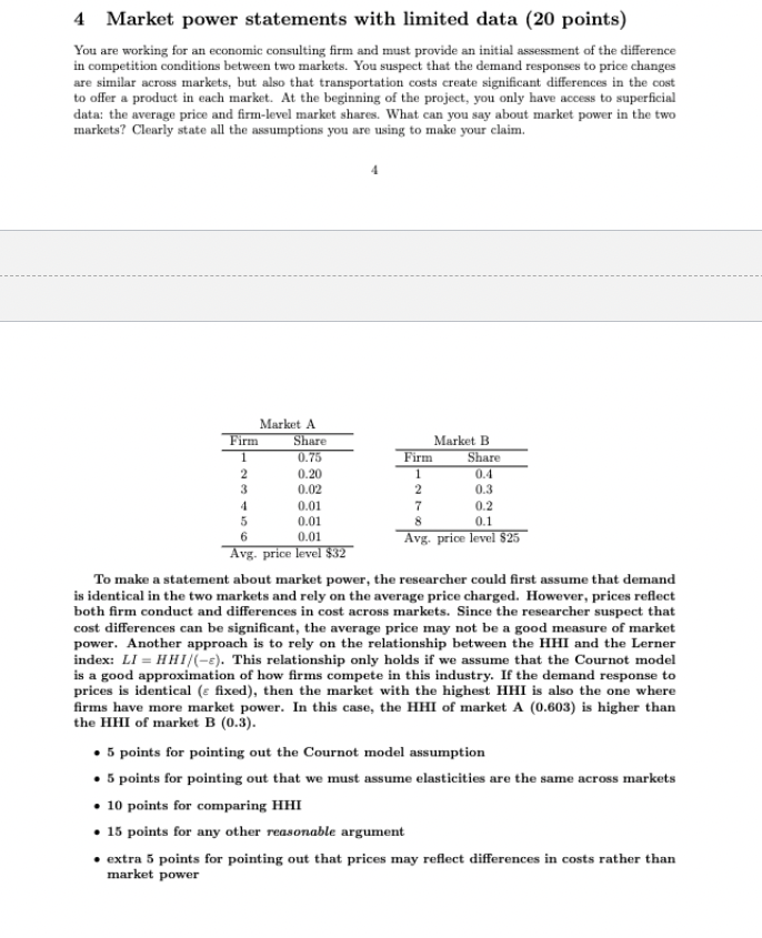 Solved Market Power Statements with Limited data question. i | Chegg.com