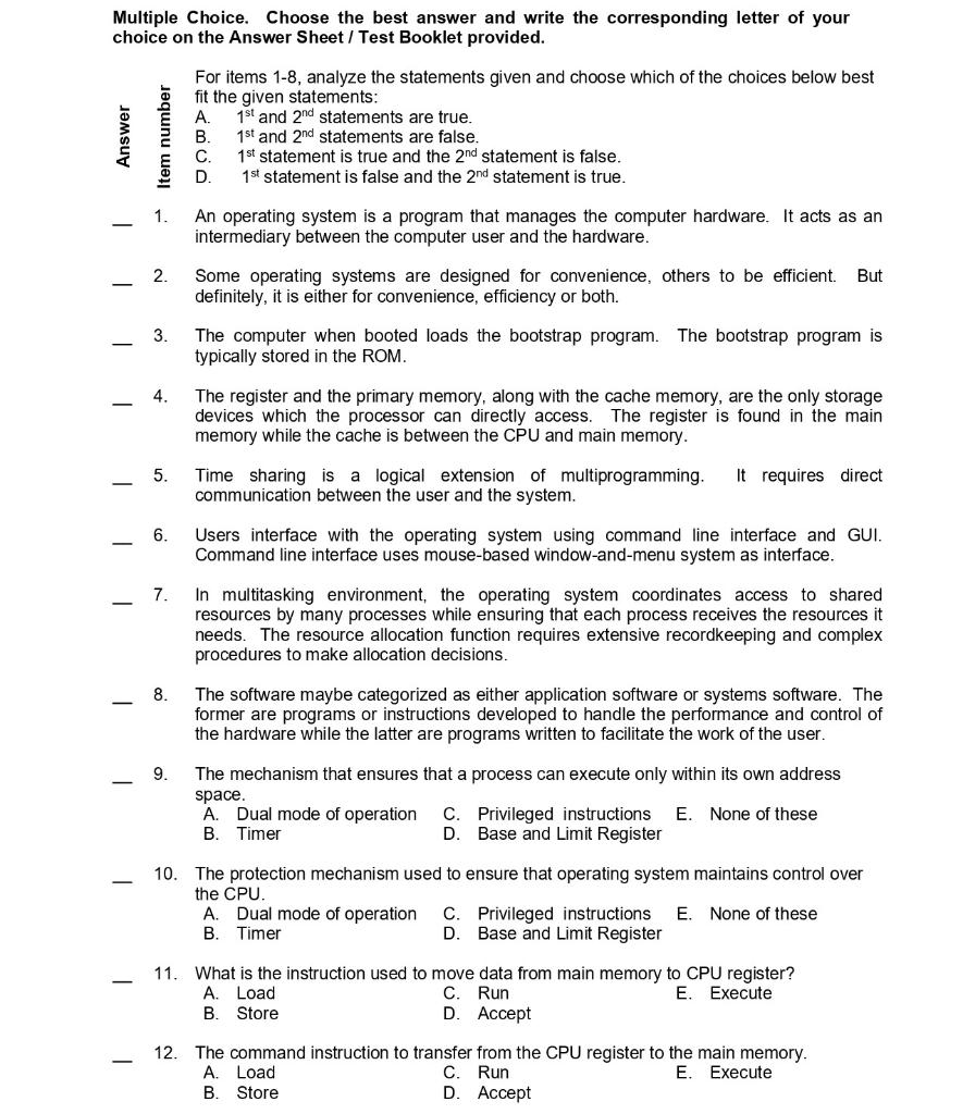 Multiple Choice. Choose the best answer and write the | Chegg.com