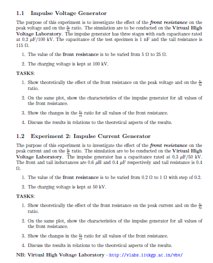 Solved 1.1 Impulse Voltage Generator The purpose of this | Chegg.com