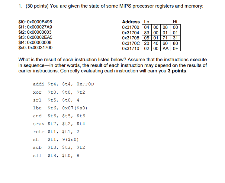 Solved 1. (30 points) You are given the state of some MIPS | Chegg.com