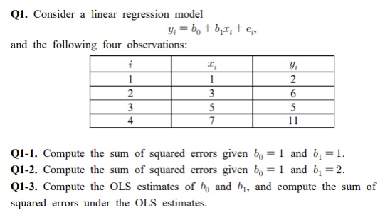 Solved Q1. Consider a linear regression model yi=b0+b1xi+ei, | Chegg.com