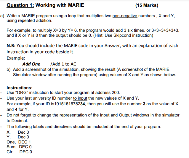 Solved Question 1: Working with MARIE (15 Marks) a) Write a | Chegg.com