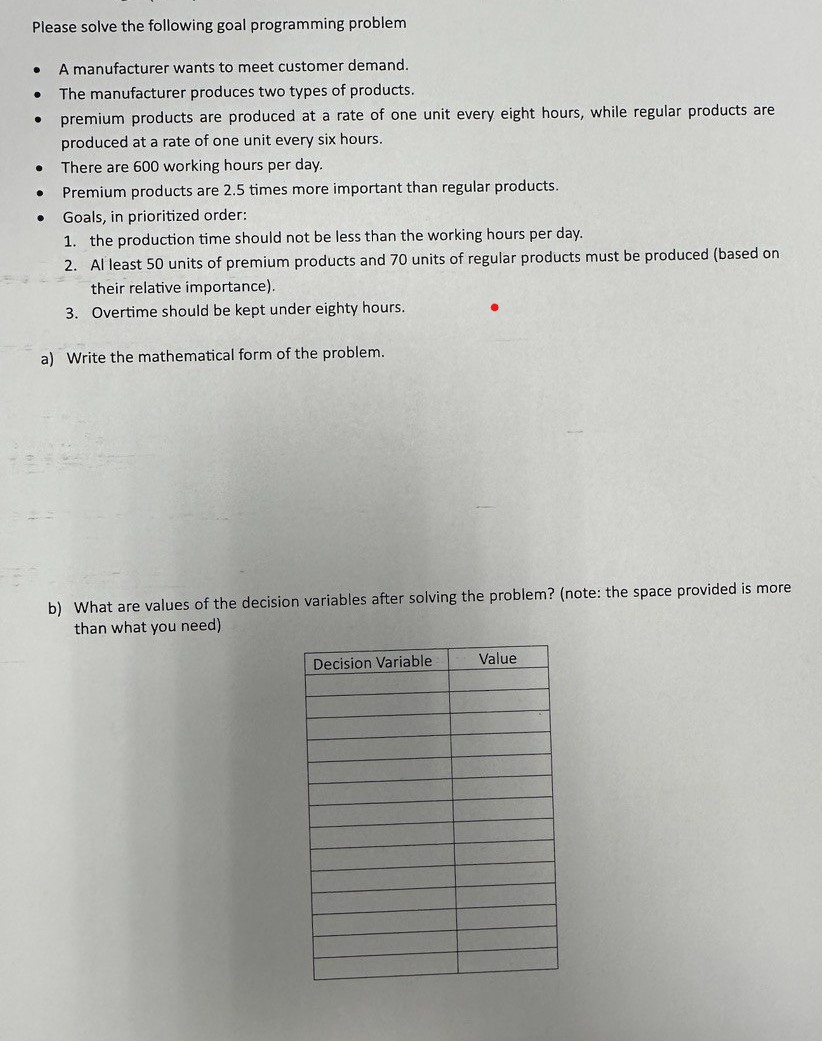 Solved Please solve the following goal programming problem - | Chegg.com