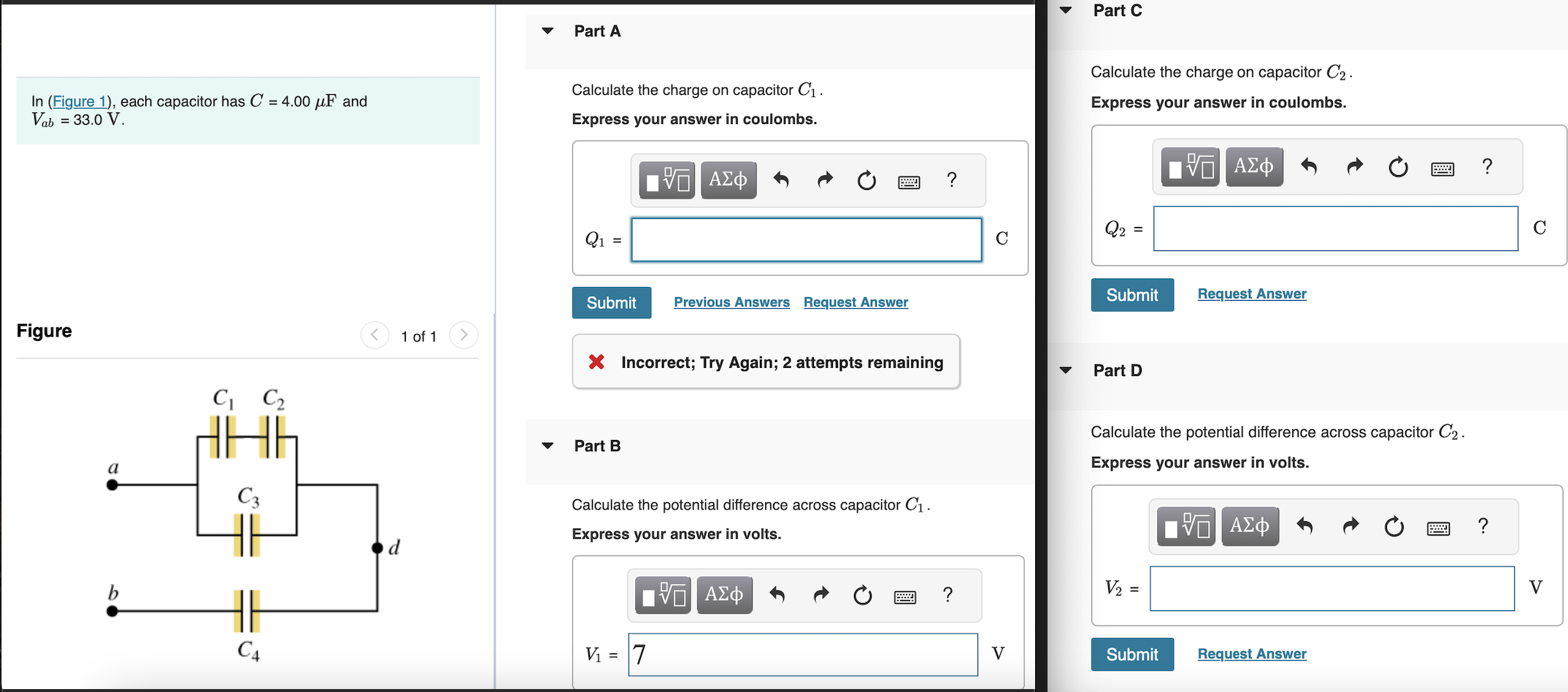 Solved Part A ﻿Calculate the charge on ﻿capacitor C1Q1 =Part | Chegg.com