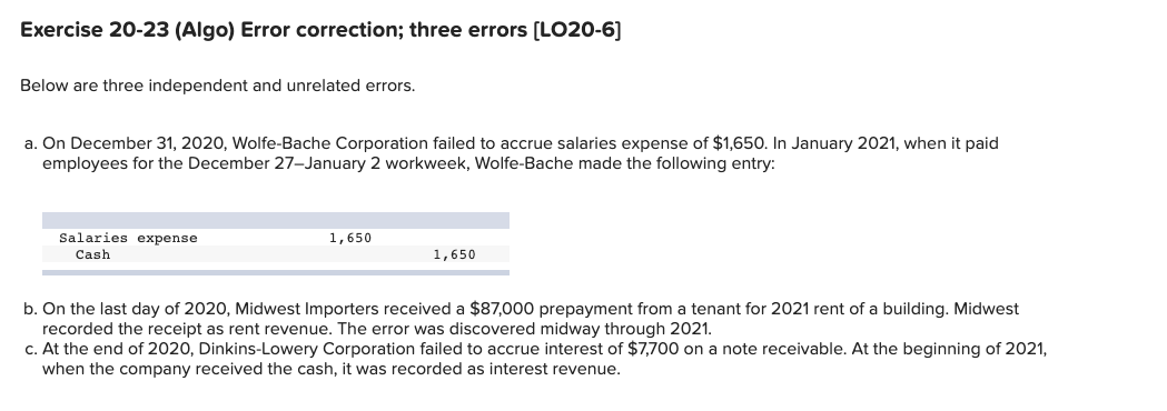 Solved Exercise 20-23 (Algo) Error correction; three errors | Chegg.com