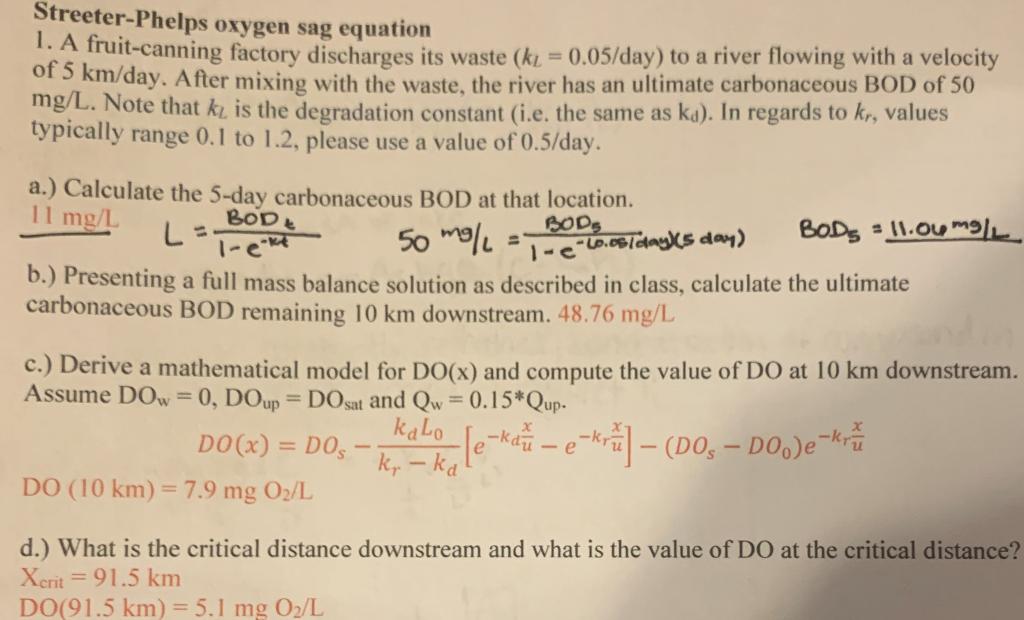 Streeter-Phelps oxygen sag equation 1. A | Chegg.com