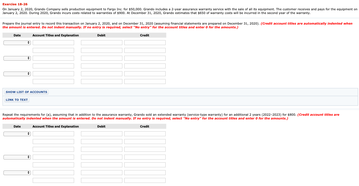 Solved Exercise 18-26 On January 2, 2020, Grando Company | Chegg.com