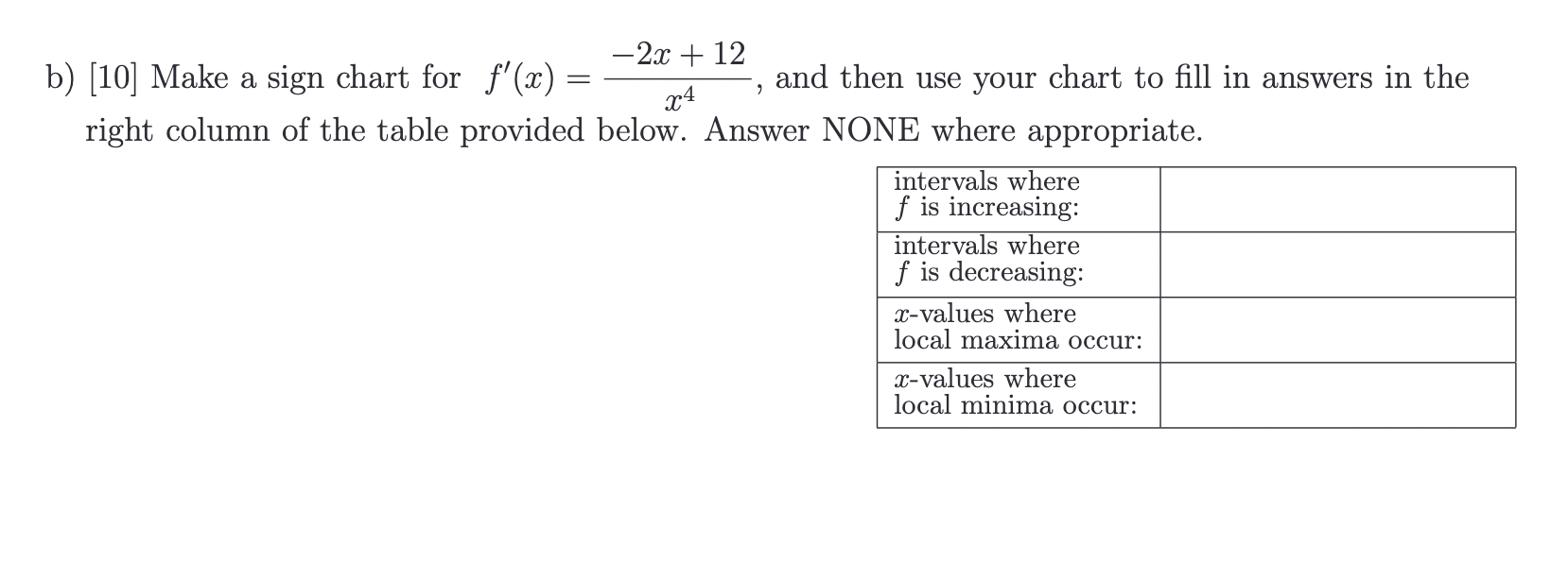 Solved 7 -2x + 12 b) (10) Make a sign chart for f'(x) = and | Chegg.com