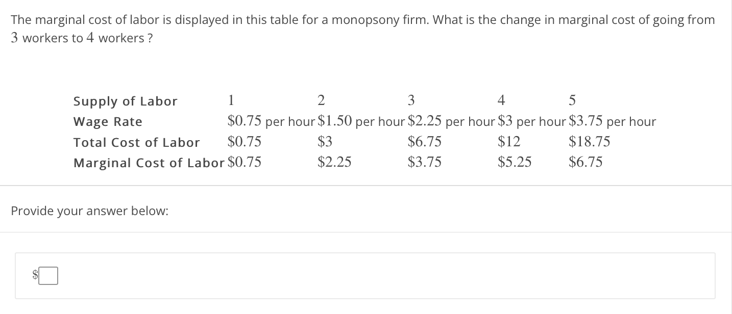 Solved The marginal cost of labor is displayed in this table | Chegg.com