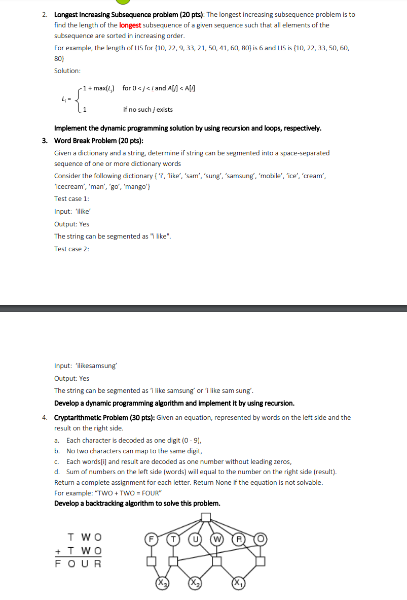 Solved 2 Longest Increasing Subsequence Problem 20 Pts Chegg