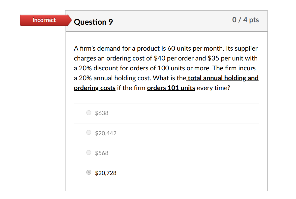 Solved A firm's demand for a product is 60 units per month. | Chegg.com