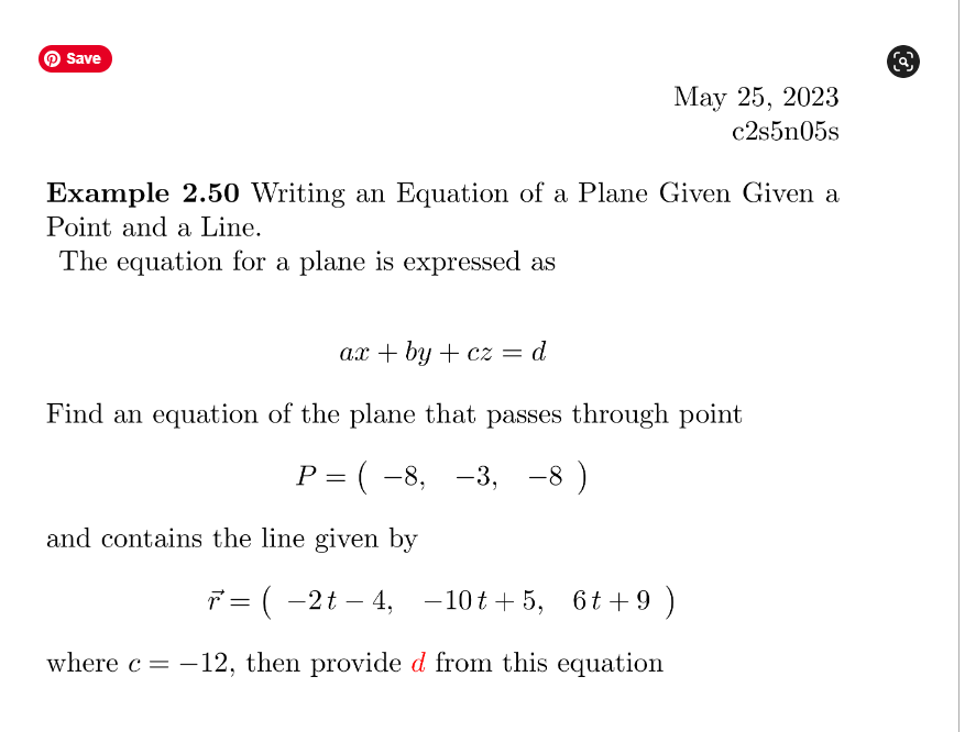 Solved Example 2.50 Writing an Equation of a Plane Given | Chegg.com