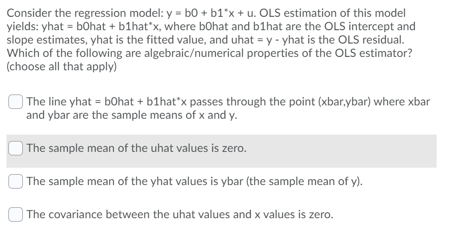 Solved Consider The Regression Model Y B0 B1x U Ols 