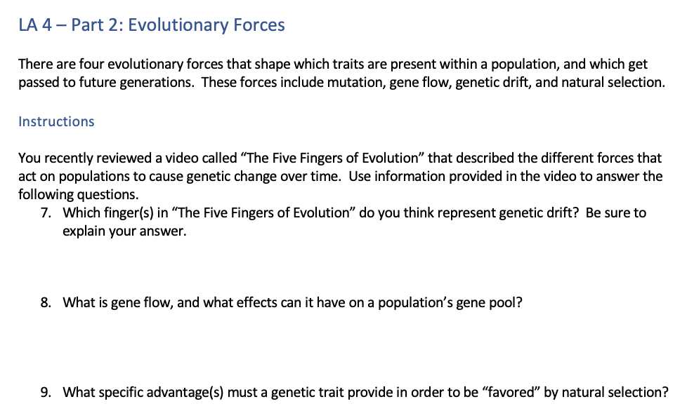 Solved LA 4 - Part 2: Evolutionary Forces There are four | Chegg.com