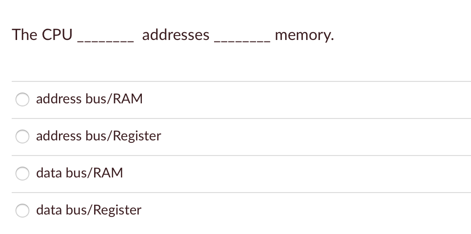 Solved The CPU addresses memory. address bus/RAM address | Chegg.com