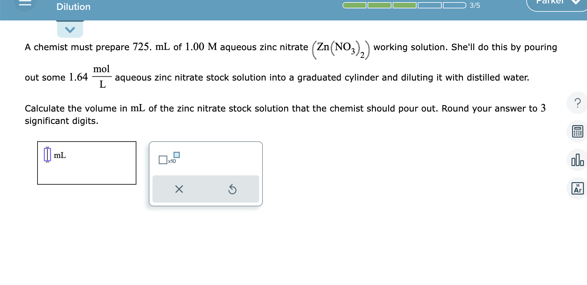 Solved A chemist must prepare 725.mL of 1.00M aqueous zinc | Chegg.com
