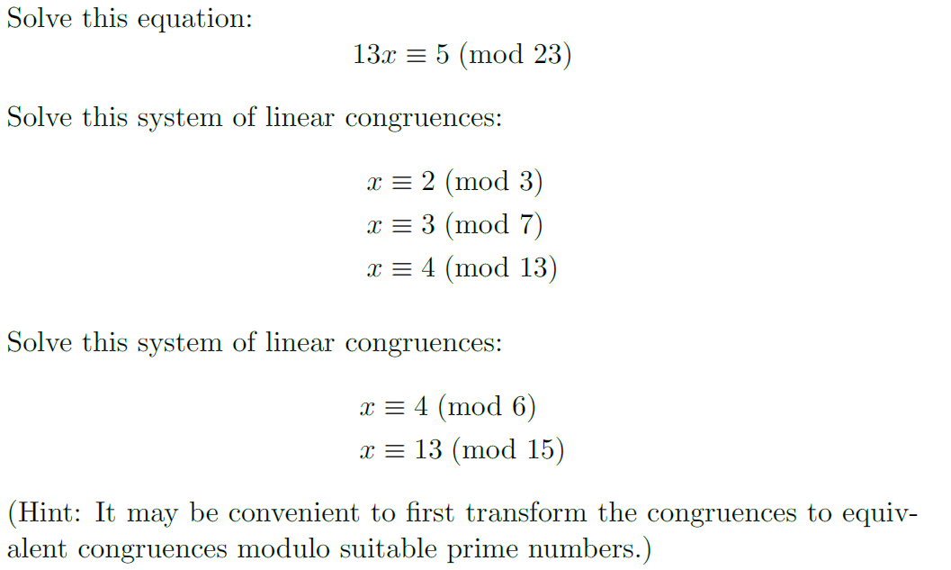Solved Solve this equation: 13x≡5(mod23) Solve this system | Chegg.com