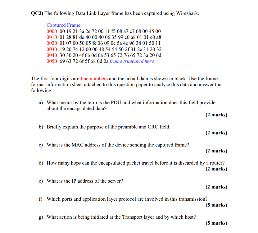Solved QC3) The following Data Link Layer frame has been | Chegg.com