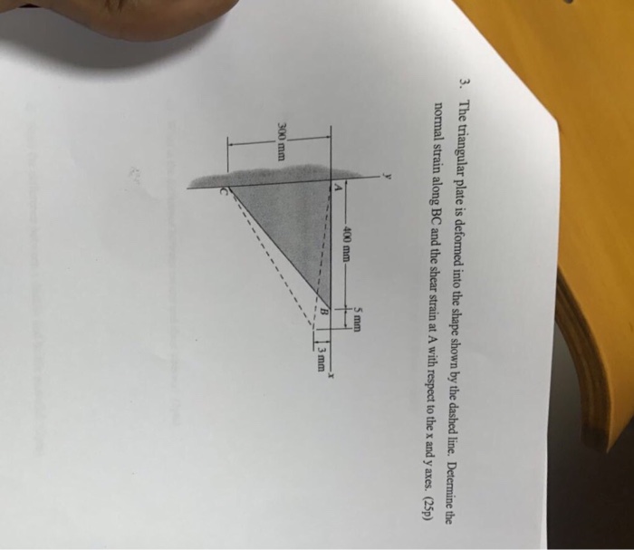 Solved 3. The triangular plate is deformed into the shape | Chegg.com