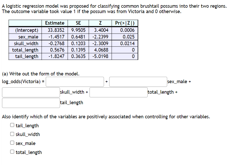 Solved A logistic regression model was proposed for | Chegg.com