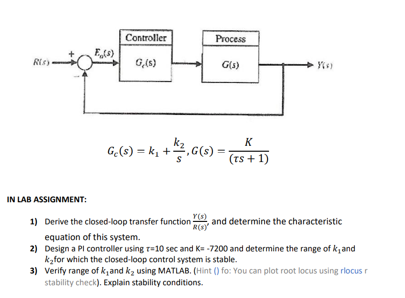 Solved Gc(s)=k1+sk2,G(s)=(τs+1)K N LAB ASSIGNMENT: 1) Derive | Chegg.com