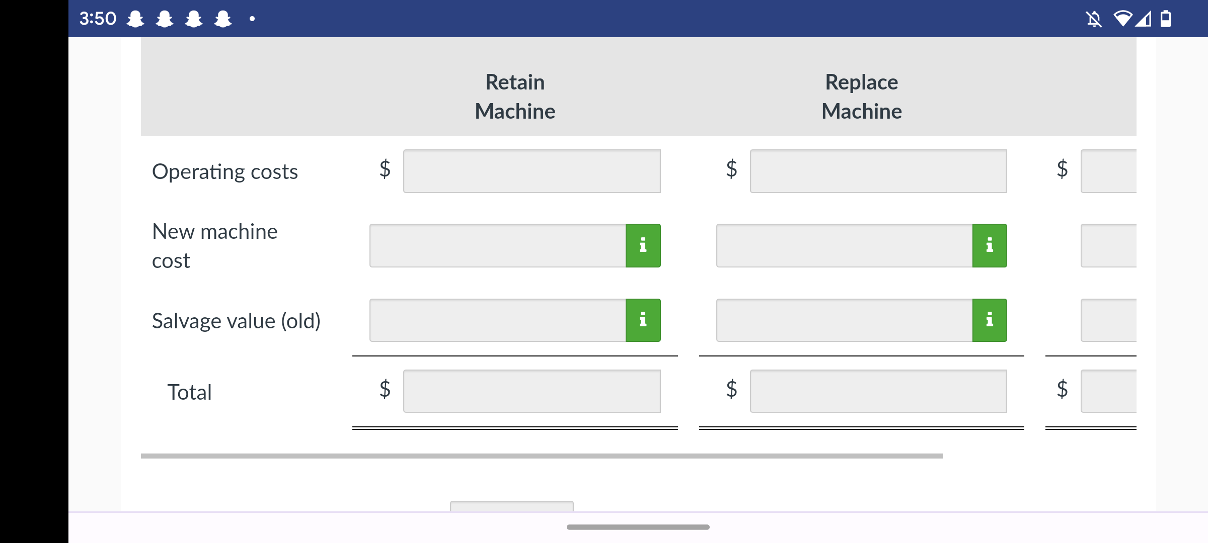 Solved 3:50 Retain Machine Operating costs New machine cost | Chegg.com