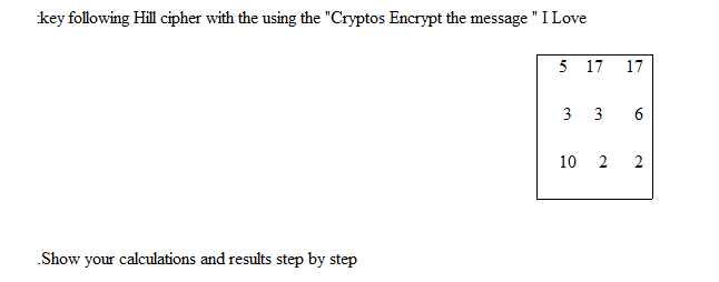 Solved key following Hill cipher with the using the "Cryptos | Chegg.com