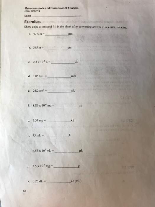 Solved Measurements and Dimensional Analysis Name Exercises | Chegg.com