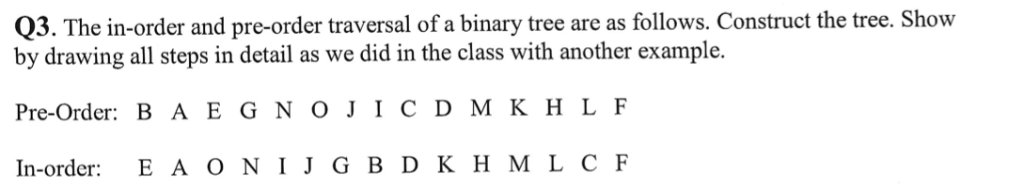 Solved Q3. The in-order and pre-order traversal of a binary | Chegg.com